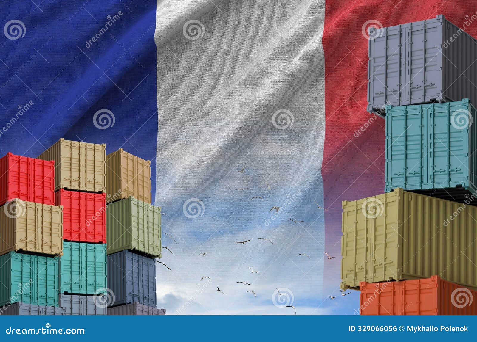 France Flag and Big Stack of Shipping Cargo Containers in Docks with ...
