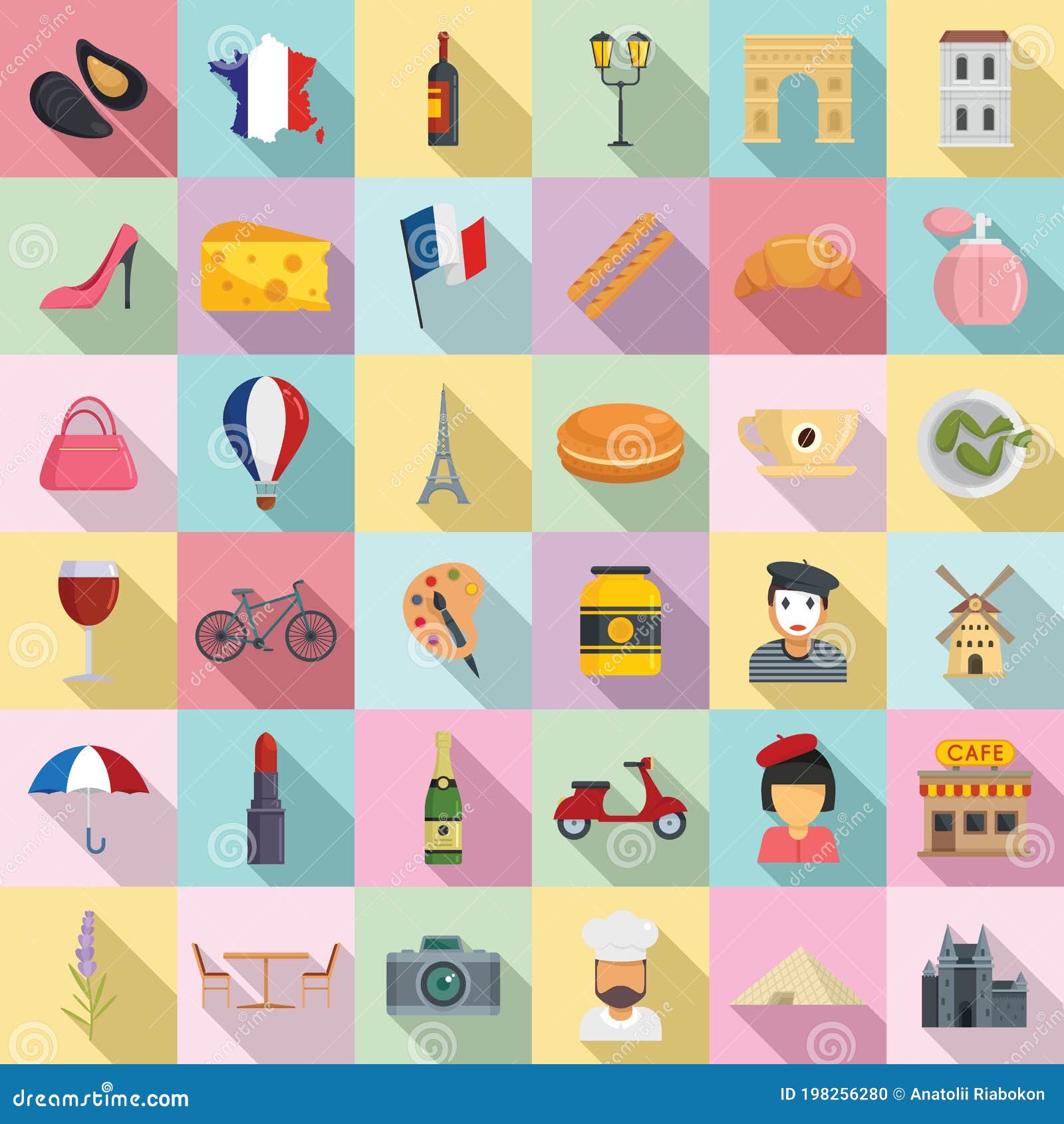 France Icons Set, Flat Style Stock Vector - Illustration of food, beret ...