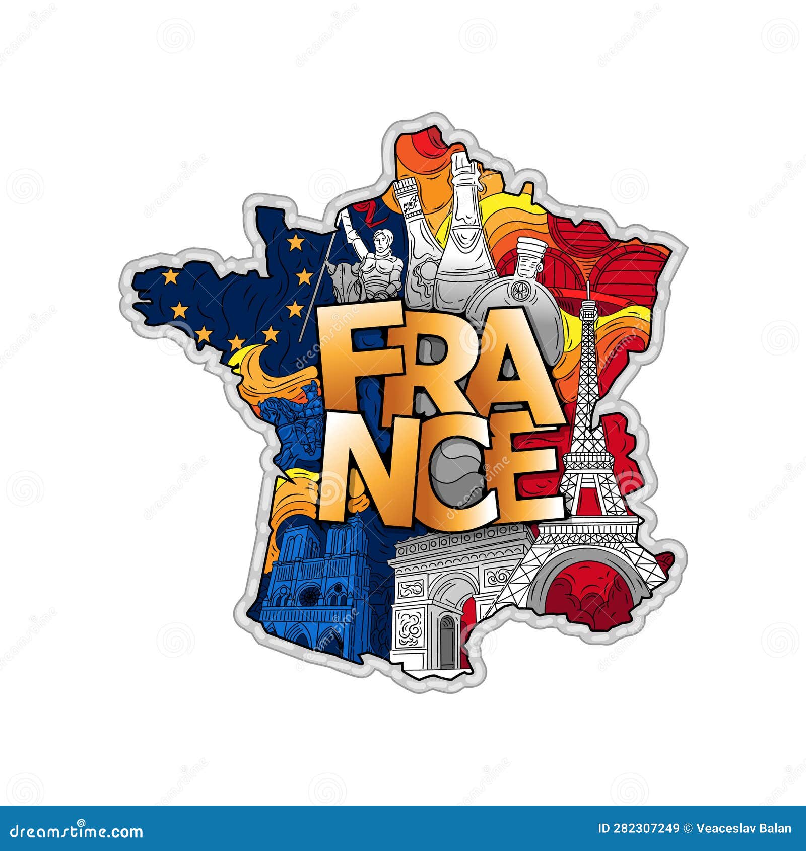 France Map in Hand Drawn Doodle Style with Main National Values. Stock ...