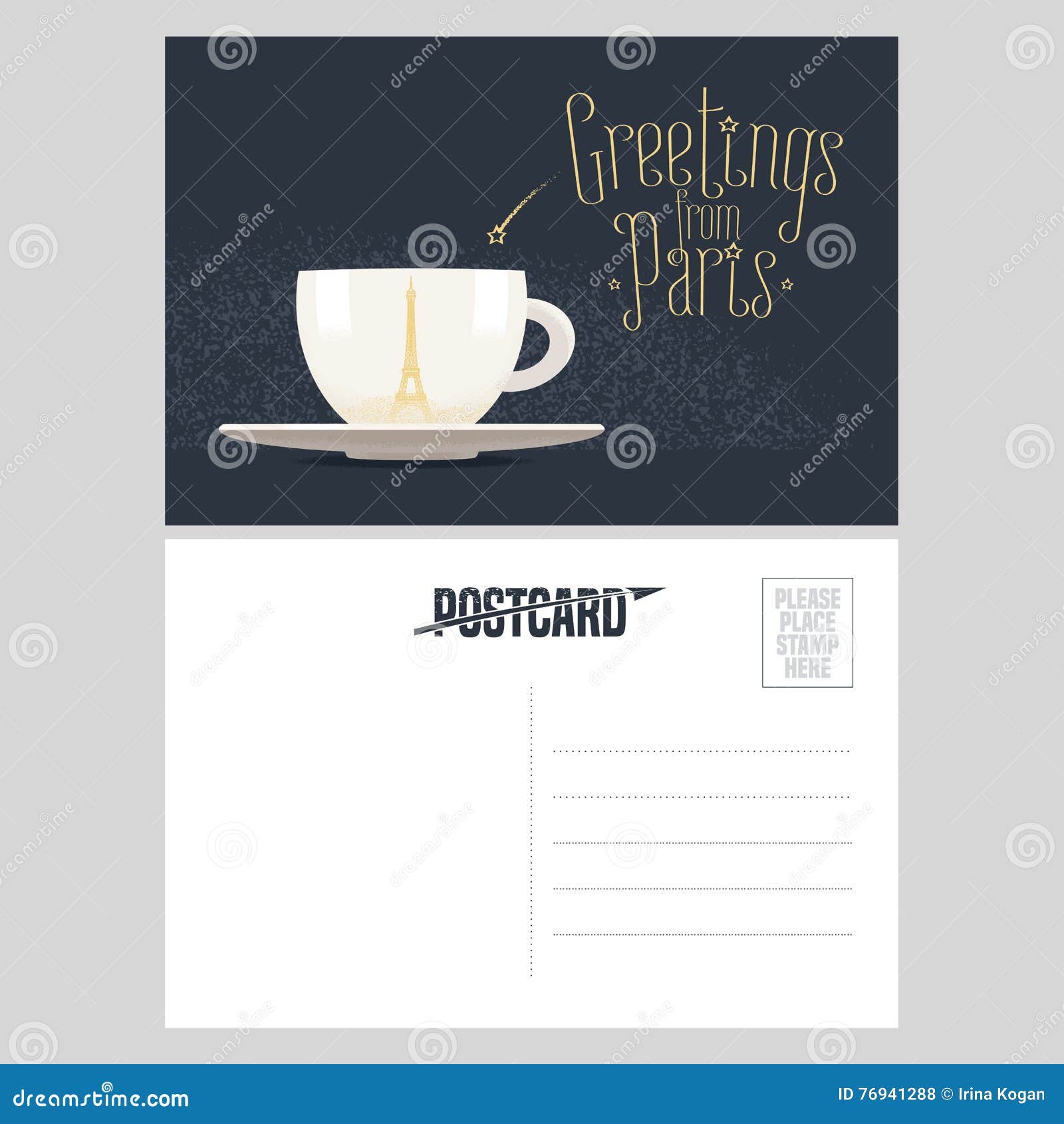 France, Paris Vector Postcard Design with Cup of Coffee Stock Vector ...