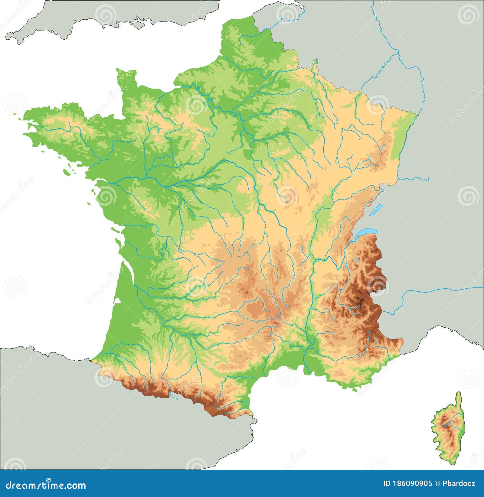 High Detailed France Physical Map. Stock Vector - Illustration of ...