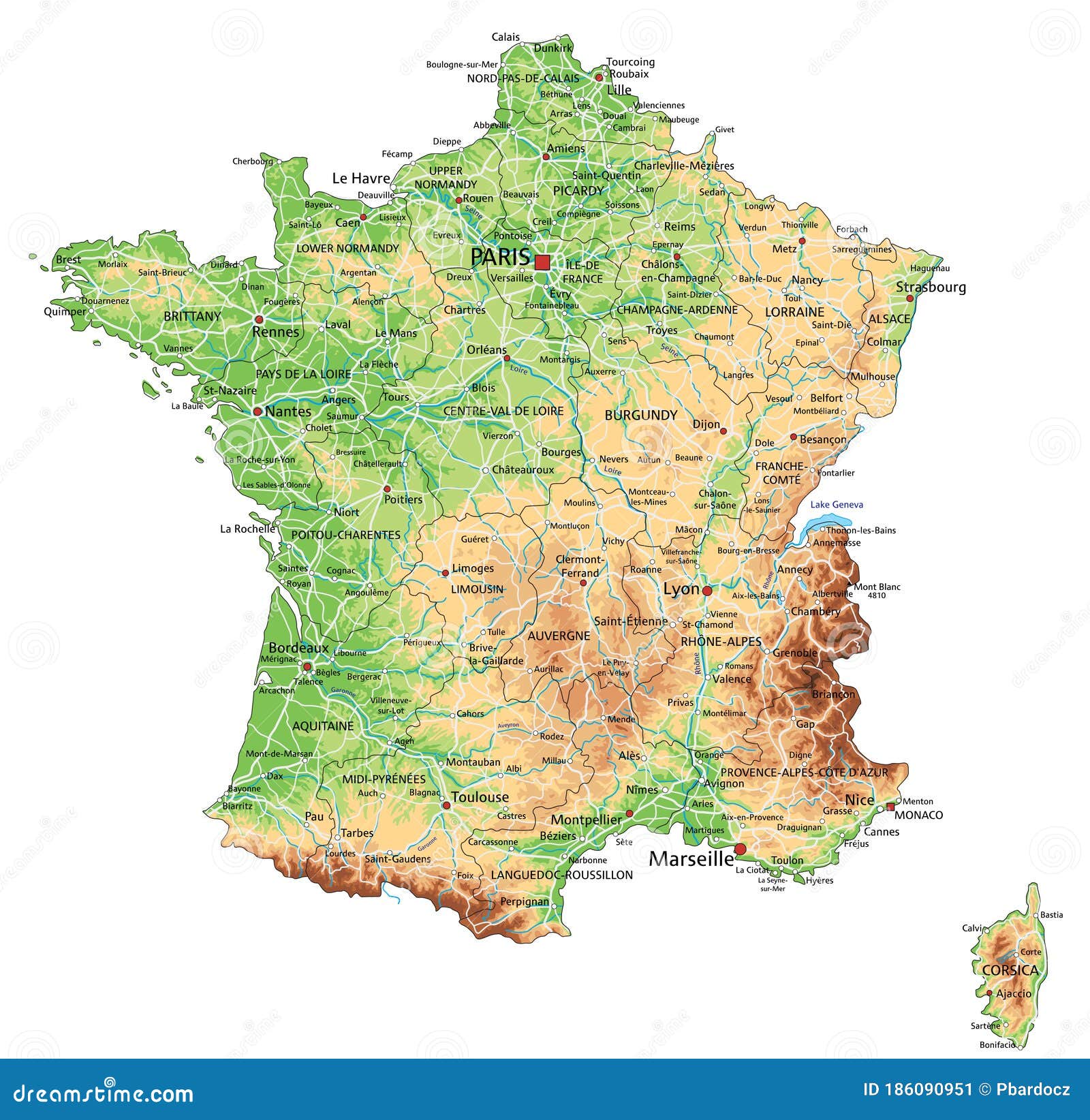 High Detailed France Physical Map with Labeling. Stock Vector ...