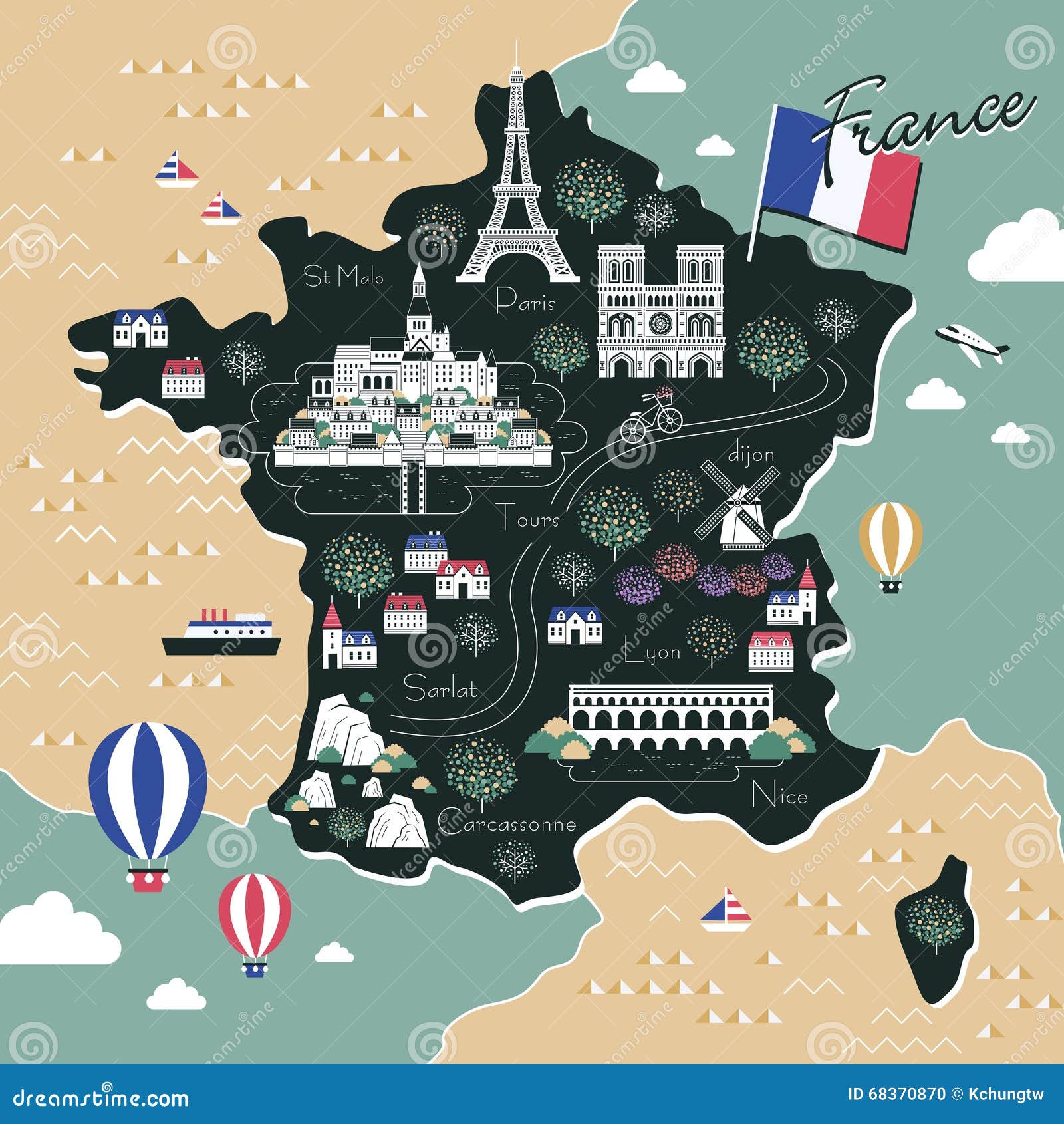 France travel map stock vector. Illustration of lovely - 68370870