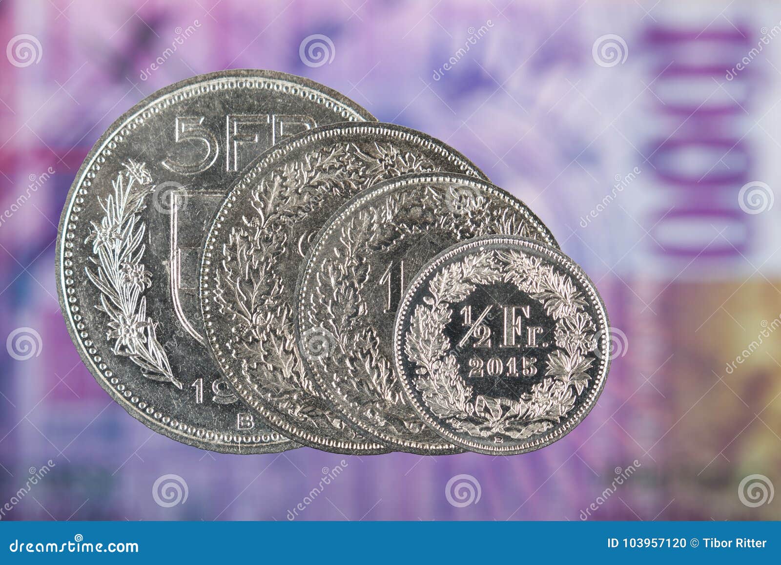 1, 2, 5 Franchi Svizzeri E Moneta Del Centesimo Di 50 Svizzeri Con 1000 ...