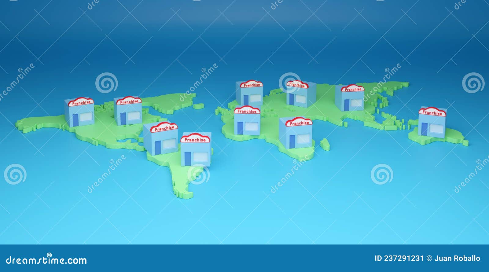 Franchise Stores on a Three-dimensional World Map. 3d Illustration ...