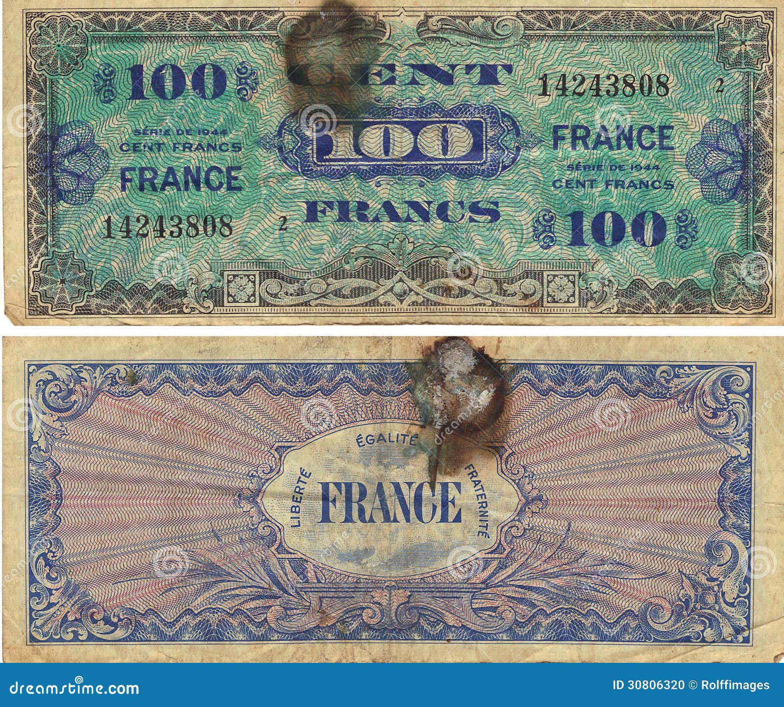100 Francs Note 1944 stock photo. Image of currency, wwii - 30806320