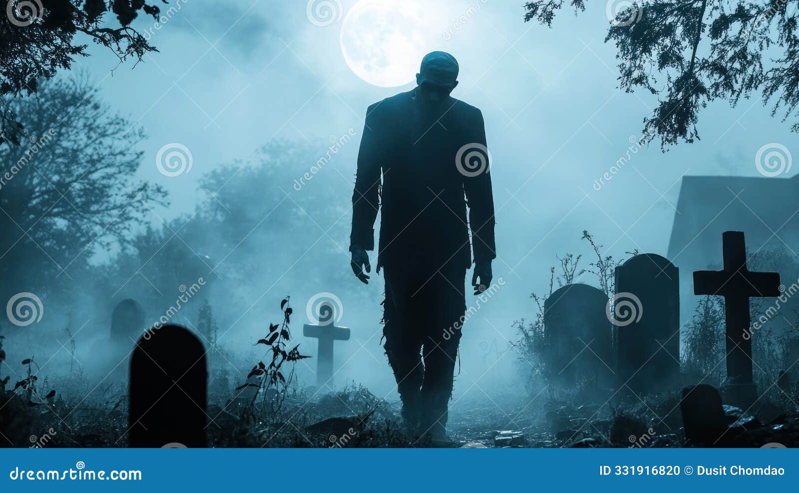 Frankenstein Walks through a Graveyard at Night, with a Full Moon in ...