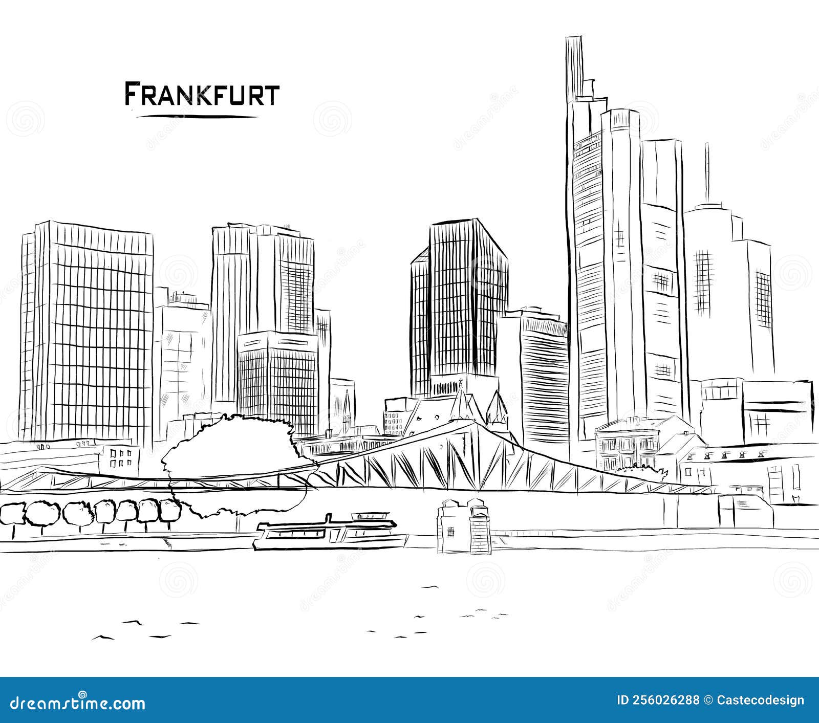 Frankfurt Skyline Architecture Line Art Vector Illustration Handrawing ...