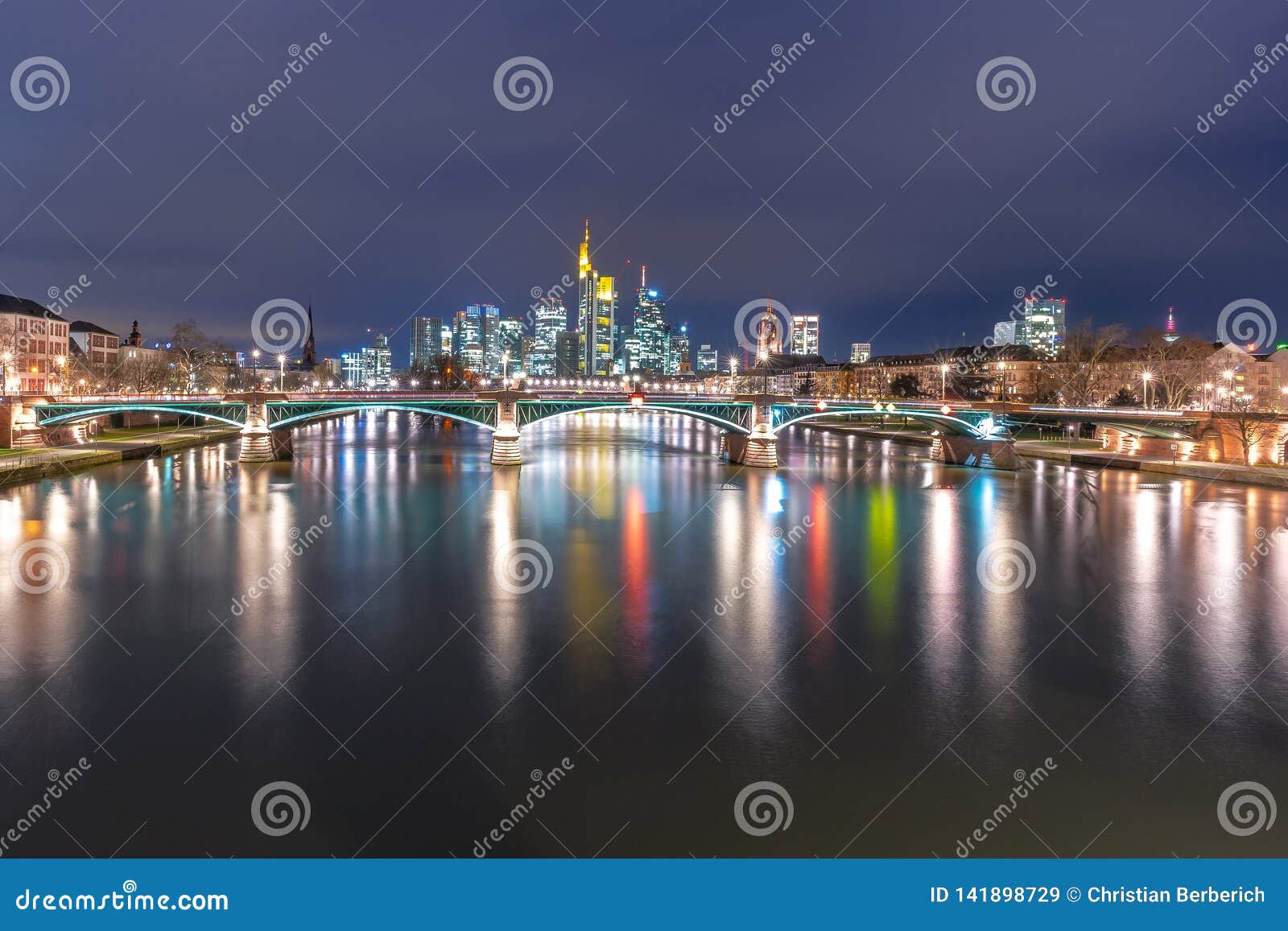 Cityscape with Skyline, Financial District and Main River at Night ...