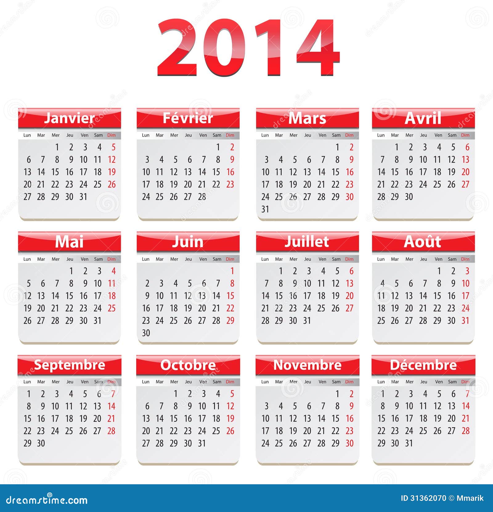 2014 Franse kalender vector illustratie. Illustration of vakantie ...