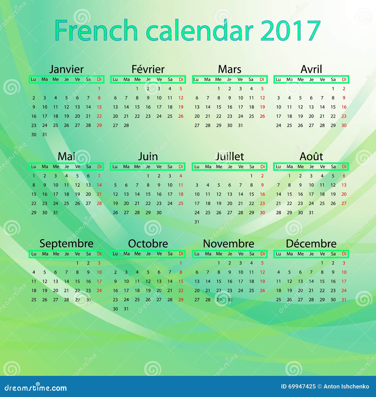Franse Kalender 2017 Op Groene Achtergrond Vector Illustratie ...