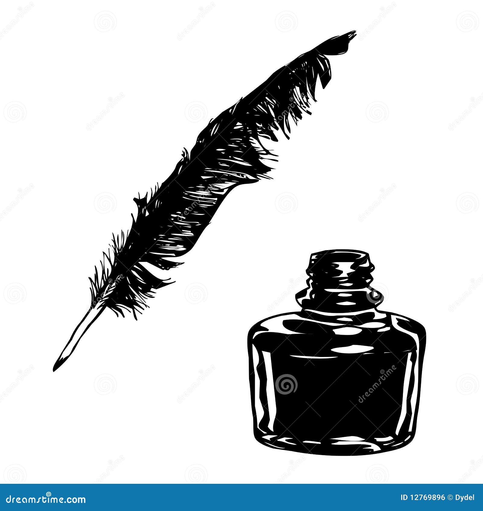 Frasco de plumas y tinta stock de ilustración. Ilustración de antique ...