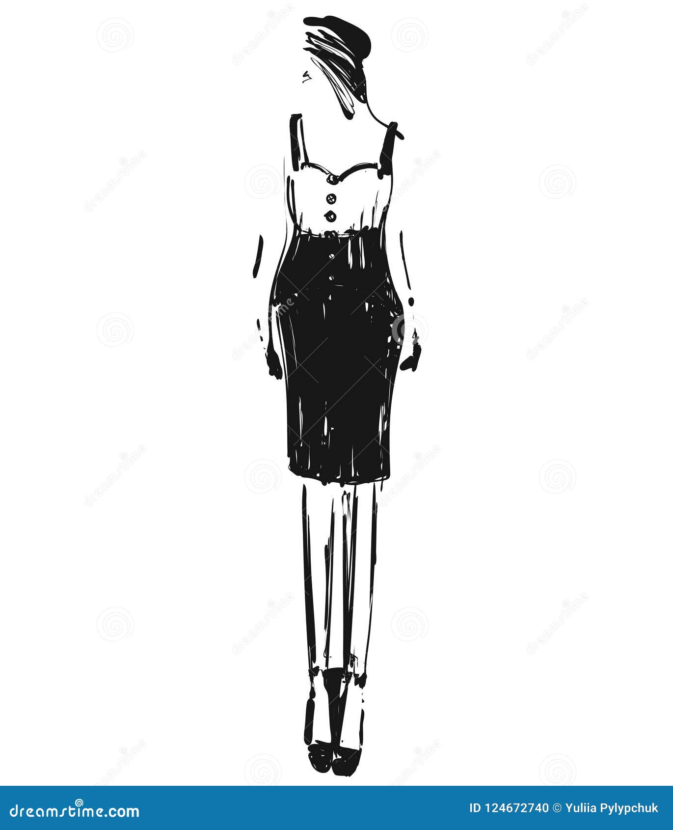 Frau in Einem Schwarzen Kleid Mode-Modell-Skizze Vektor Abbildung ...