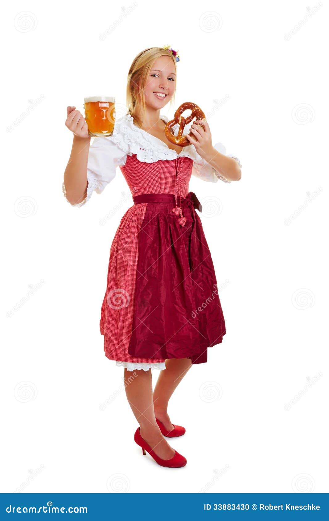 Frau Im Dirndl Mit Bier Und Brezel Stockfoto - Bild von attraktiv, froh ...