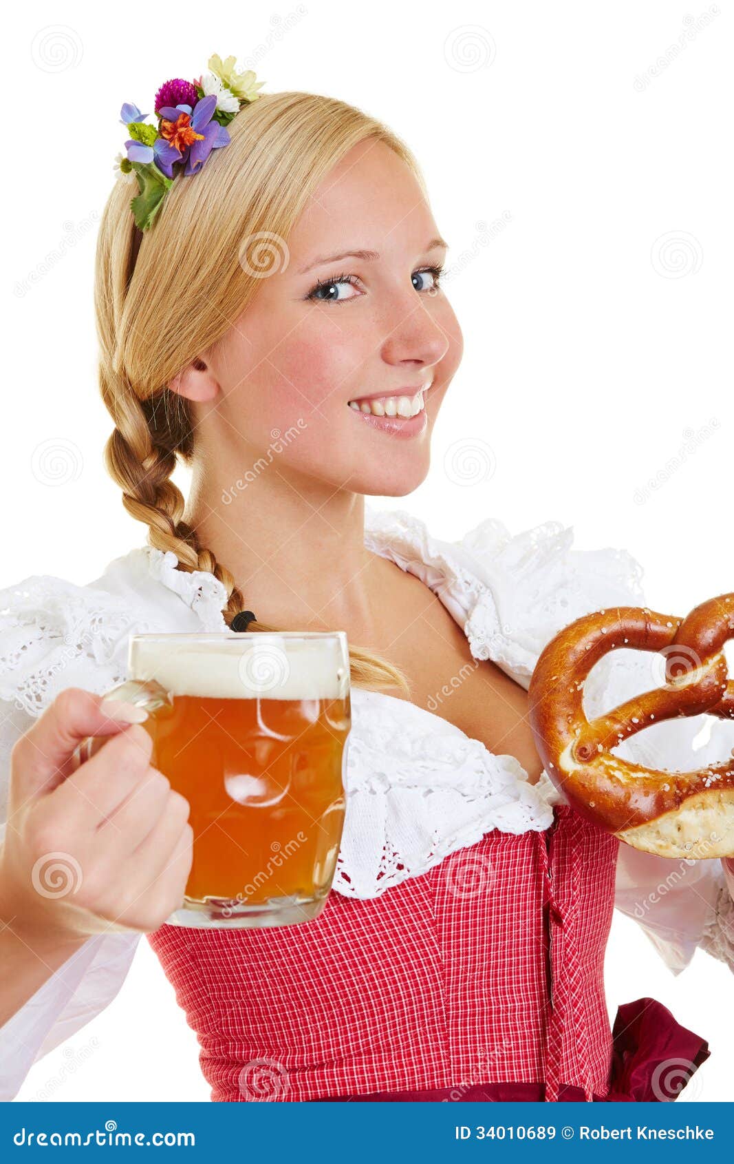 Frau Im Dirndl Mit Brezel Und Bier Stockbild - Bild von ausschnitt ...