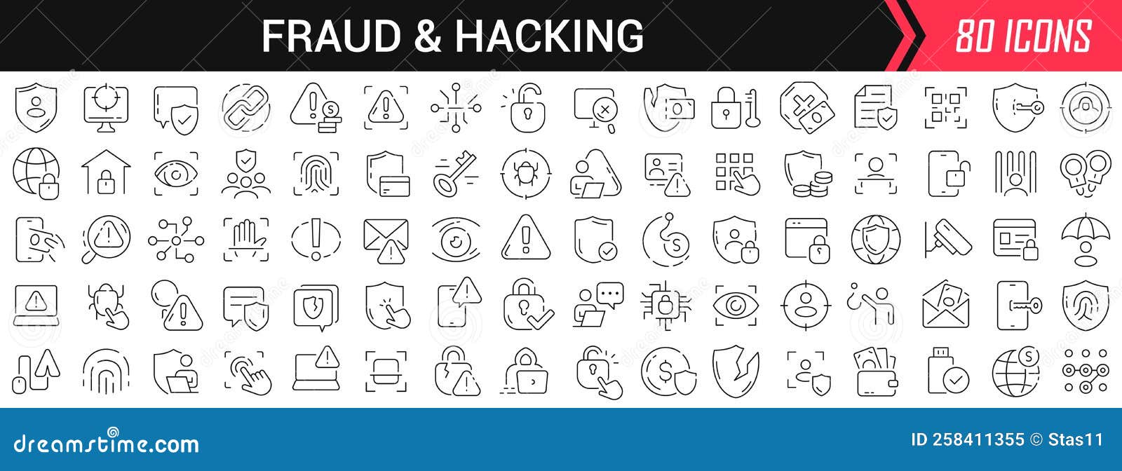 Fraud and Hacking Linear Icons in Black. Big UI Icons Collection in a ...