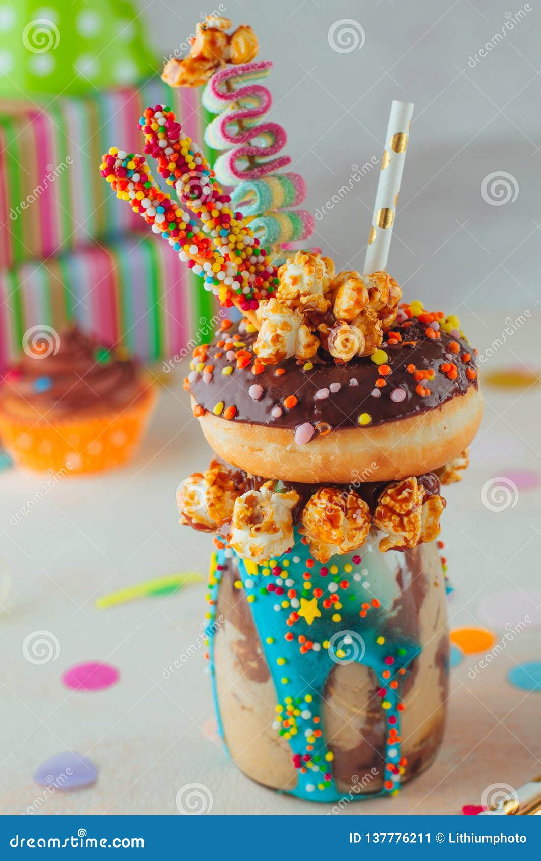 Freak Shake Topping with Chocolate Donut and Sweets Stock Image - Image ...