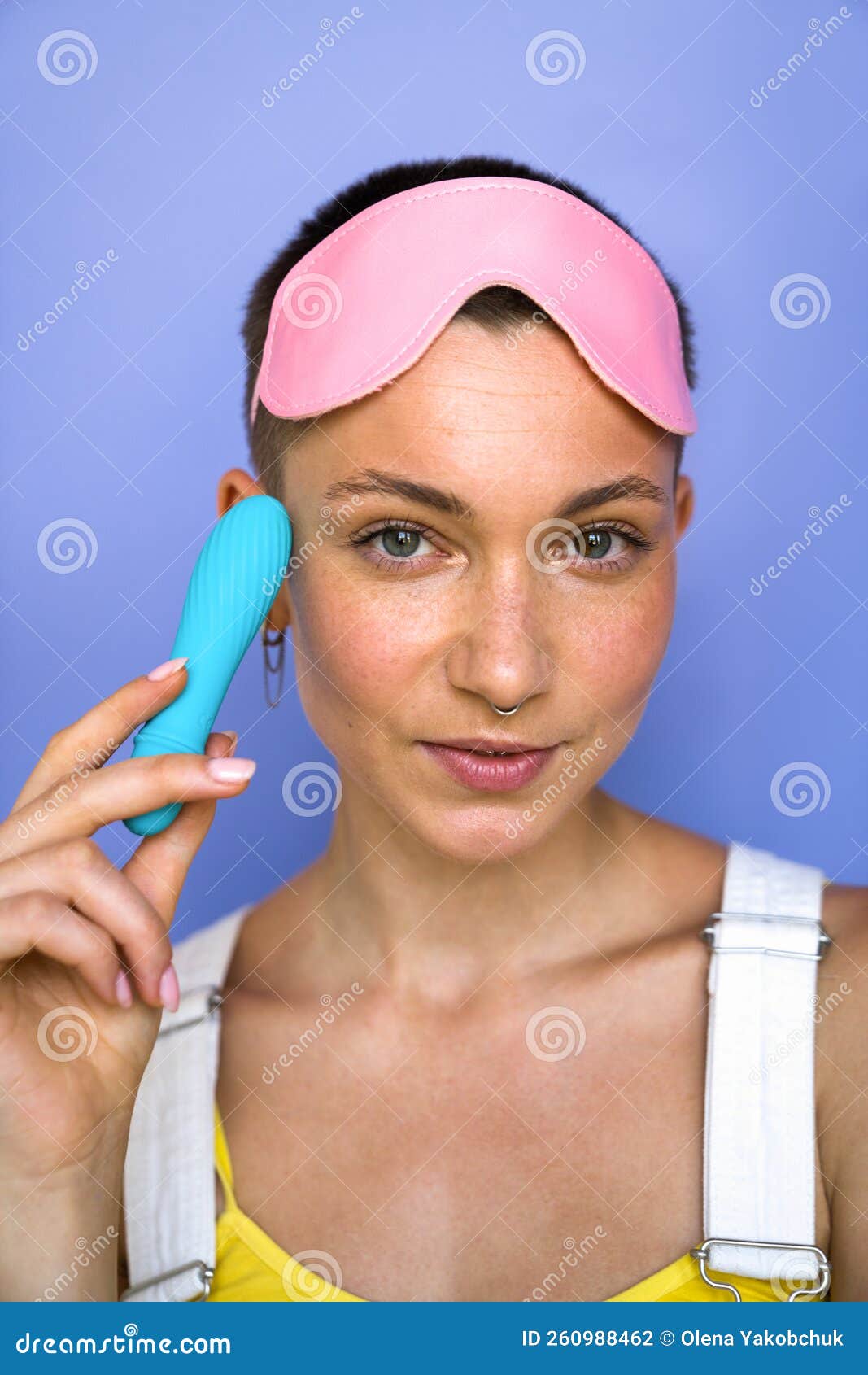 Freckled Woman Wearing Sleep Pink Mask Posing With Sex Self And Vagina