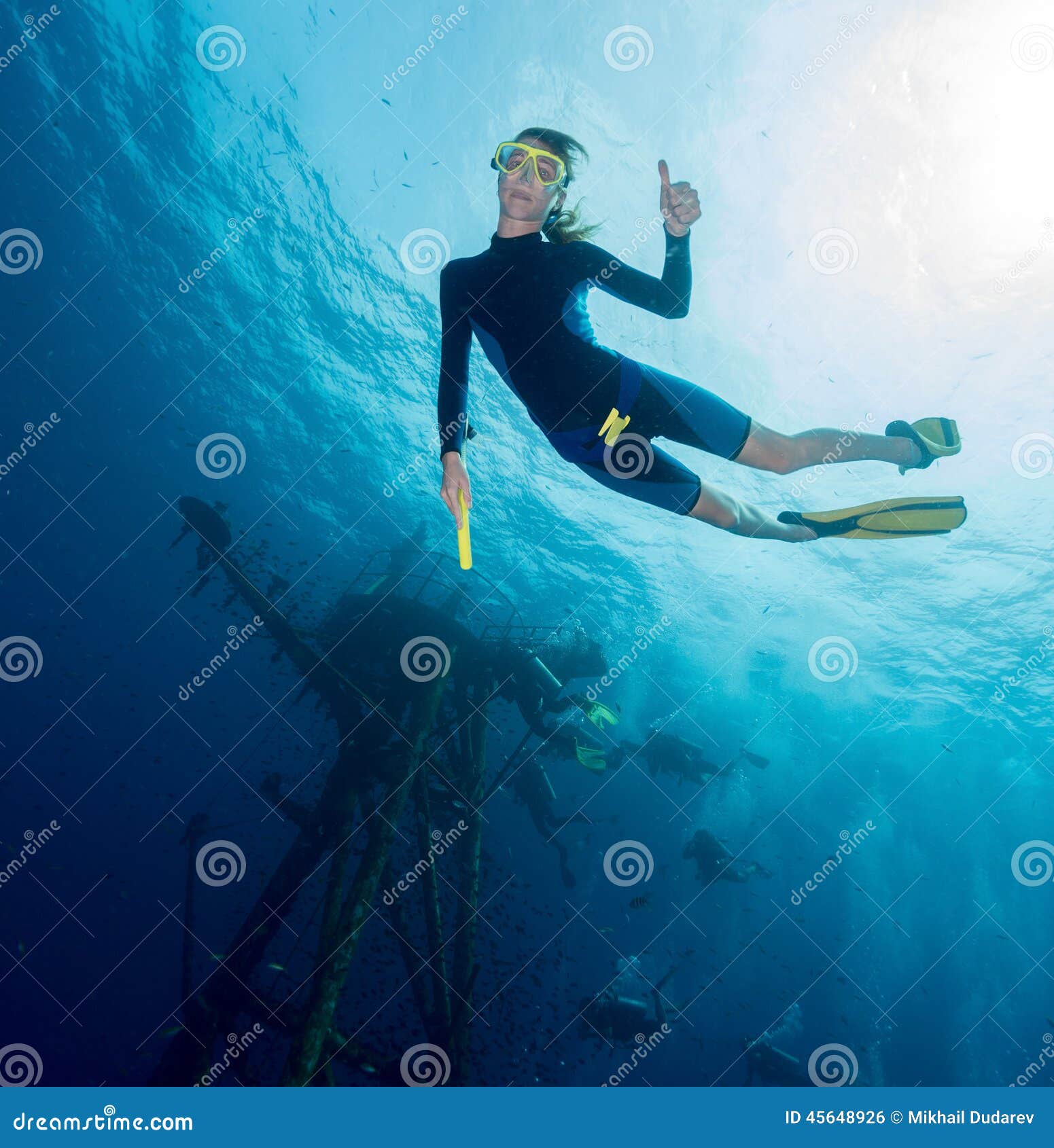 Free Diver Woman With White Fins Posing Underwater. Freediving With ...
