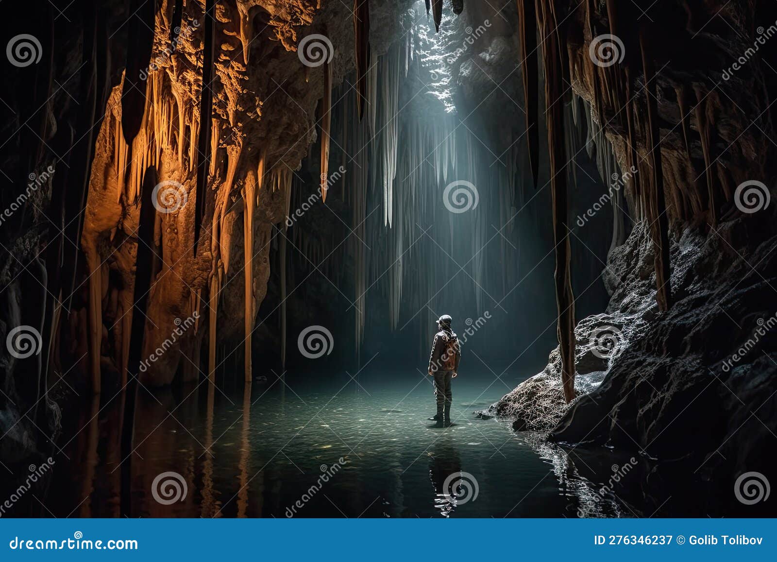 Free Diver Exploring Dark Depths of Underwater Cave. Generative Ai ...