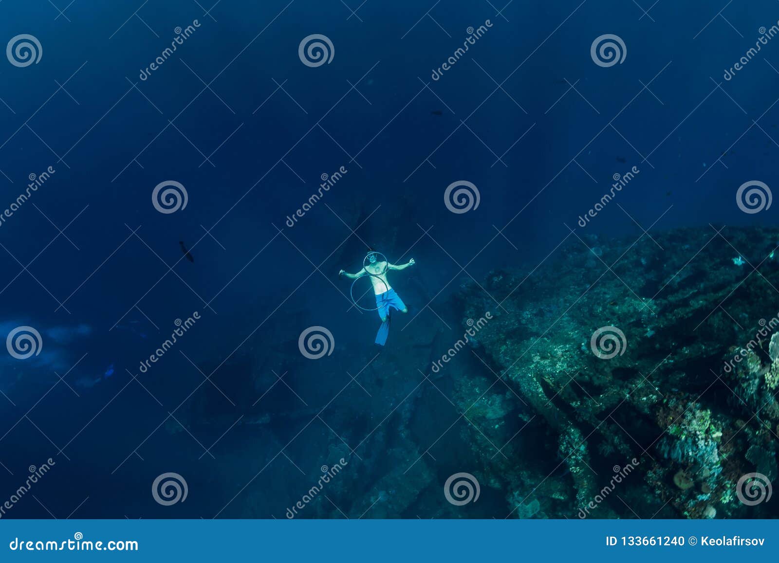 Free Diver Man in the Depth Make Ring Bubbles Near Shipwreck Stock ...