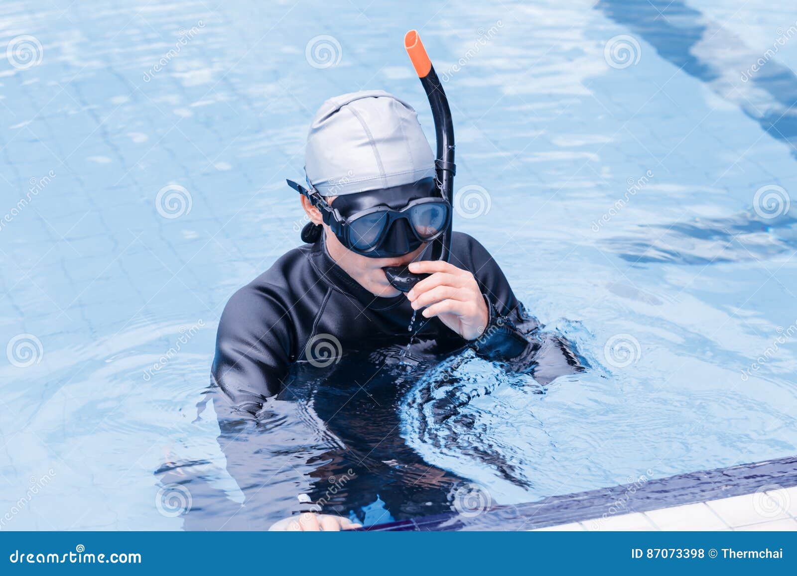 Free Diving Training on Swimming Pool Stock Photo - Image of equipment ...