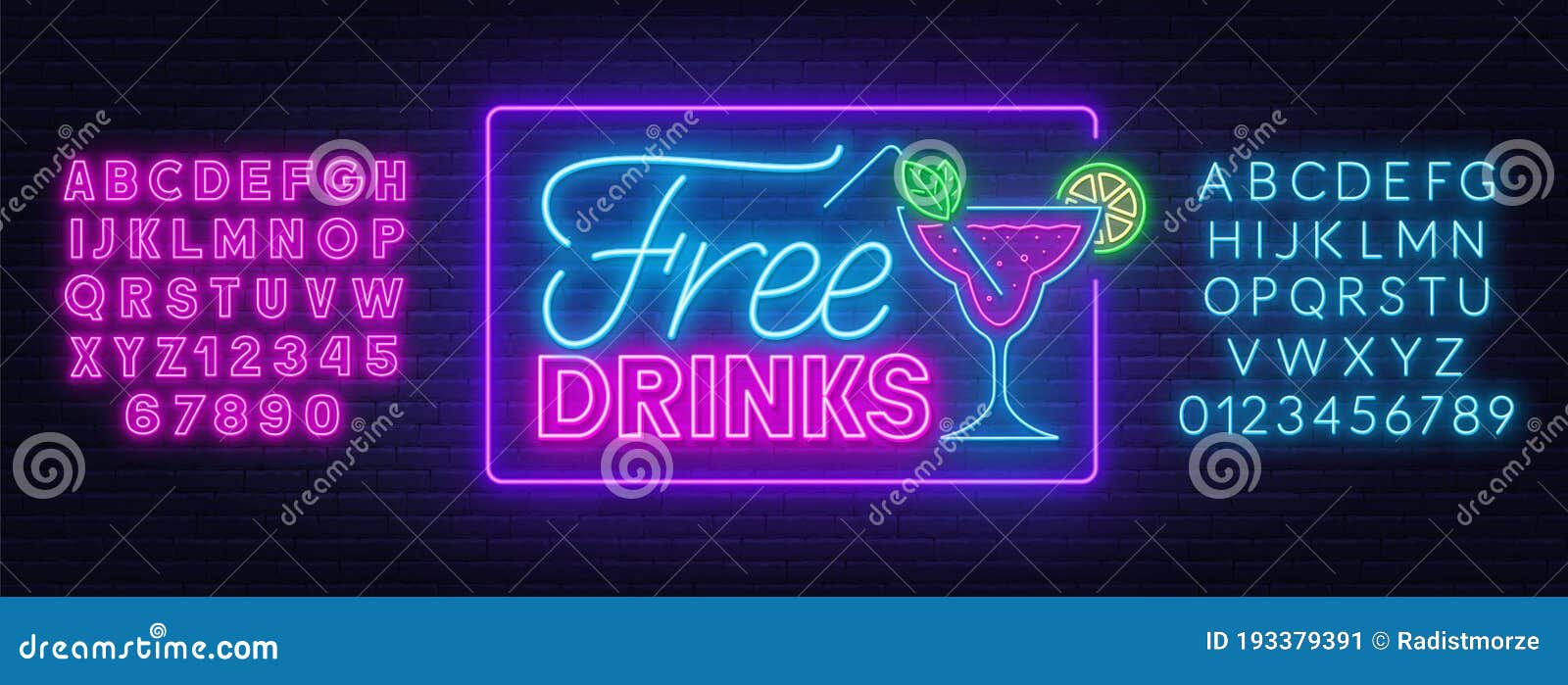 Free Drinks Neon Sign On Brick Wall Background. Vector Illustration ...