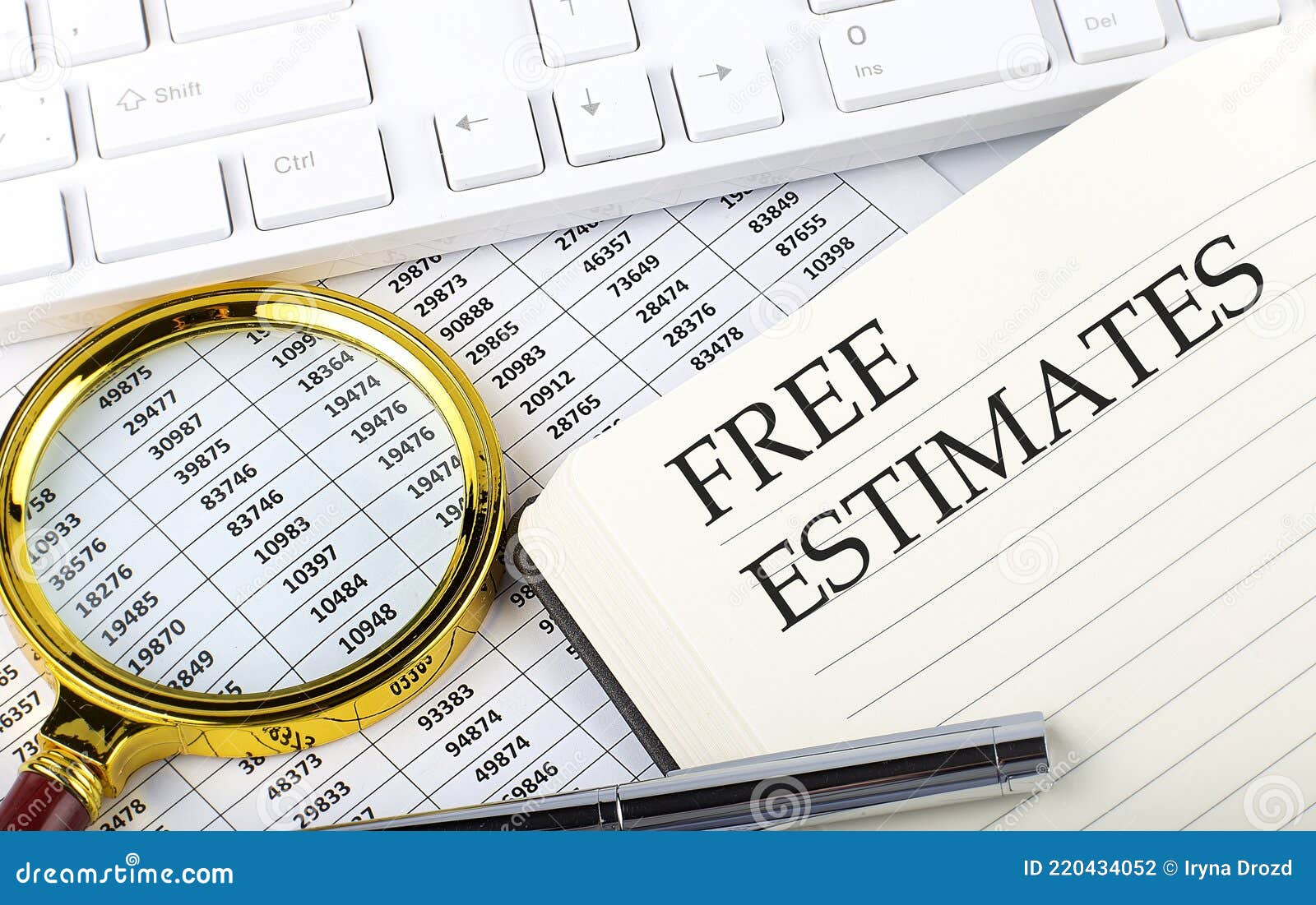 FREE ESTIMATES Text on Notebook with Chart, Magnifier,keyboard and Pen ...