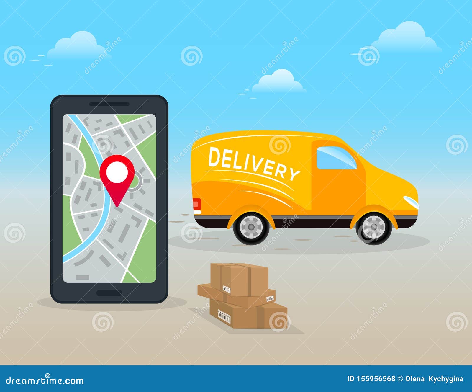 Free, Express, Home or Fast Delivery Service by Van. Car with Stack of ...