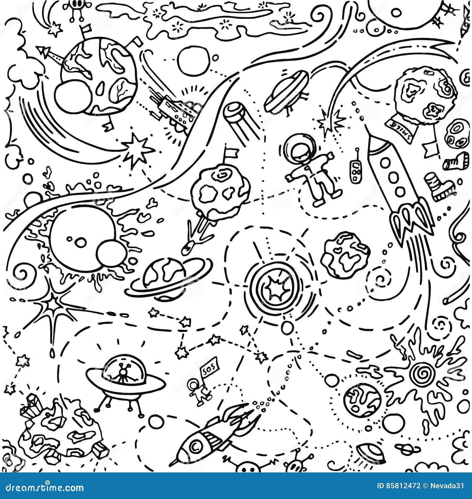 Free Hand Drawing with Space Elements Cartoon Style Stock Illustration ...