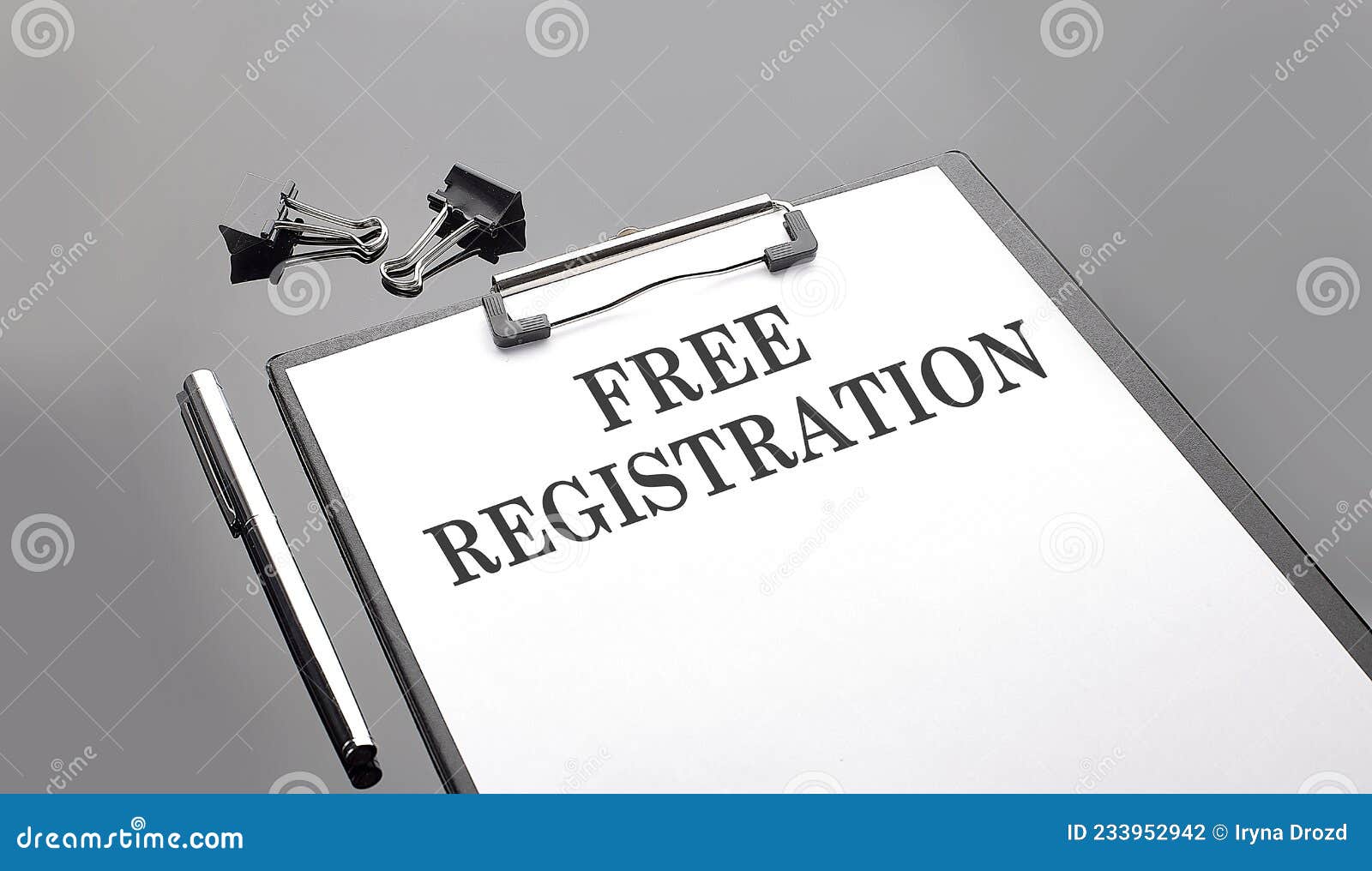 FREE REGISTRATION Text on White Paper Sheet on Black Background Stock ...