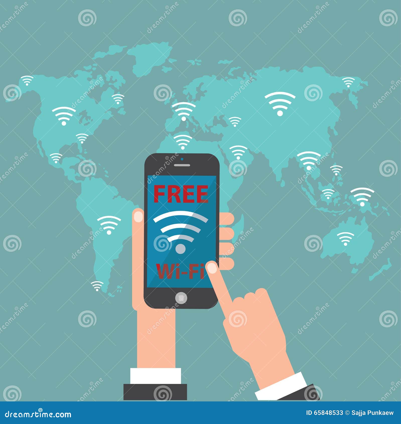 Free wifi with world map stock vector. Illustration of holding - 65848533
