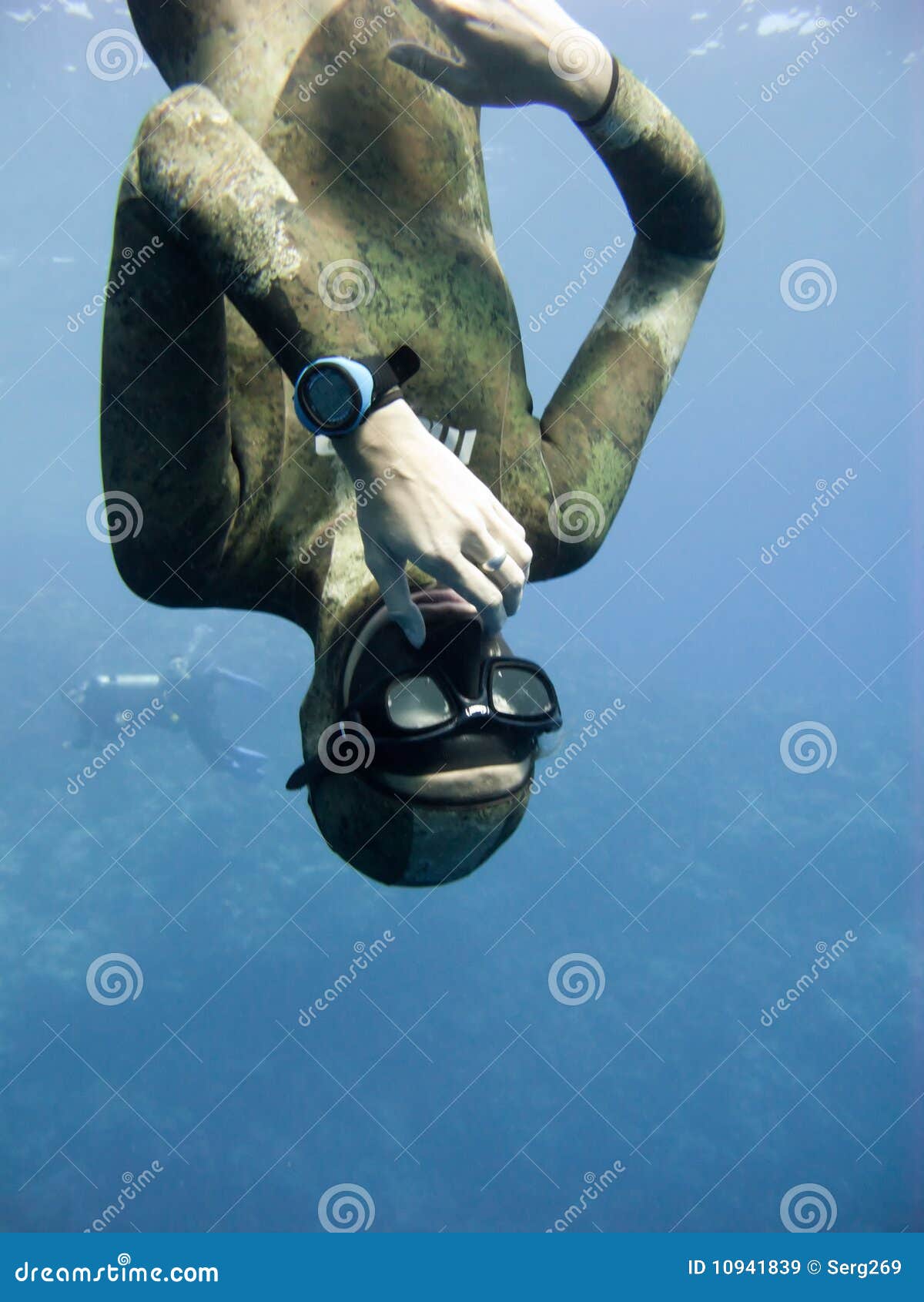 Freediver Equalizing Pressure while Moving Down Stock Image - Image of ...