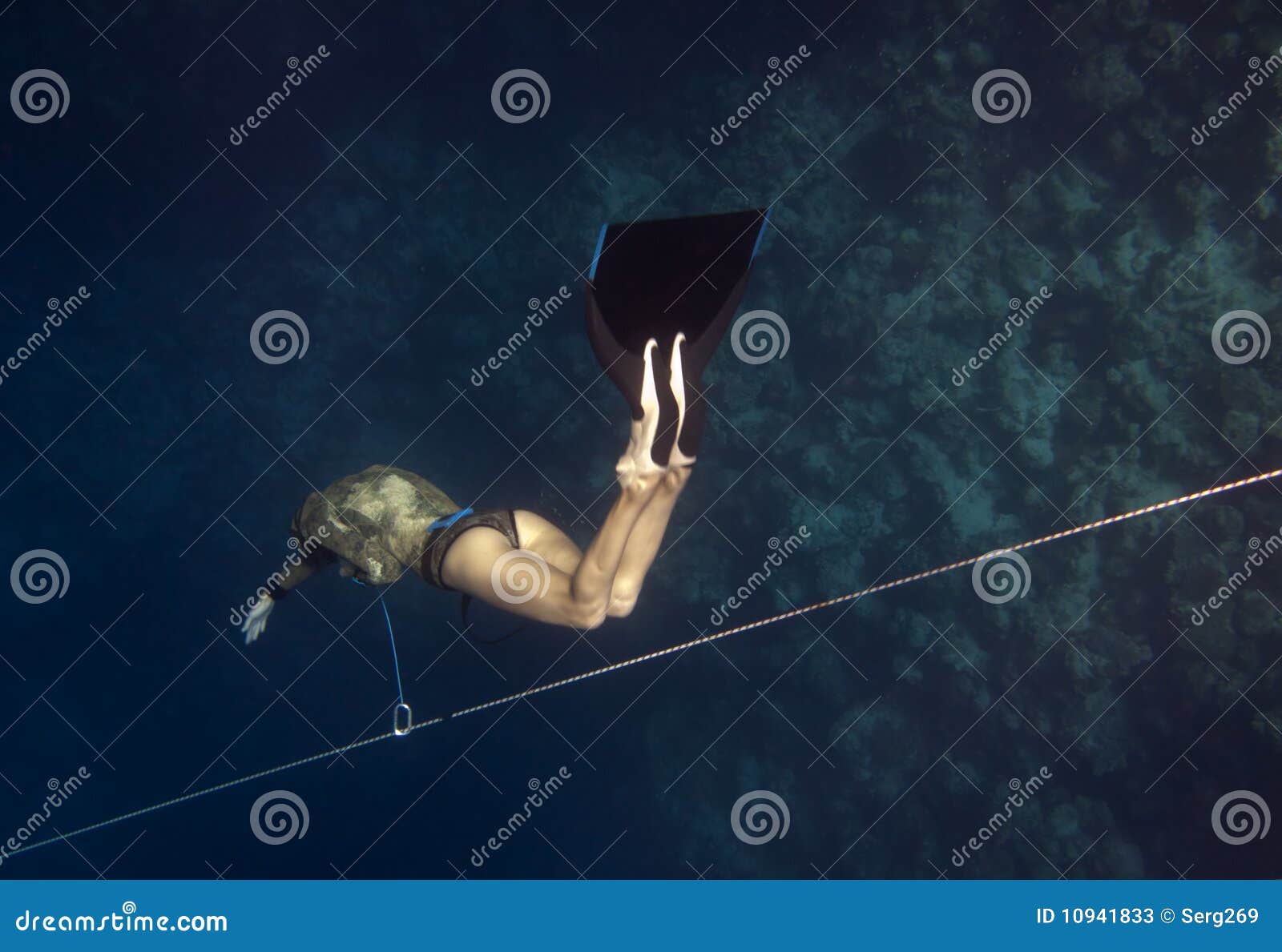 Freediver Goes Down by Line Stock Image - Image of diving, dive: 10941833