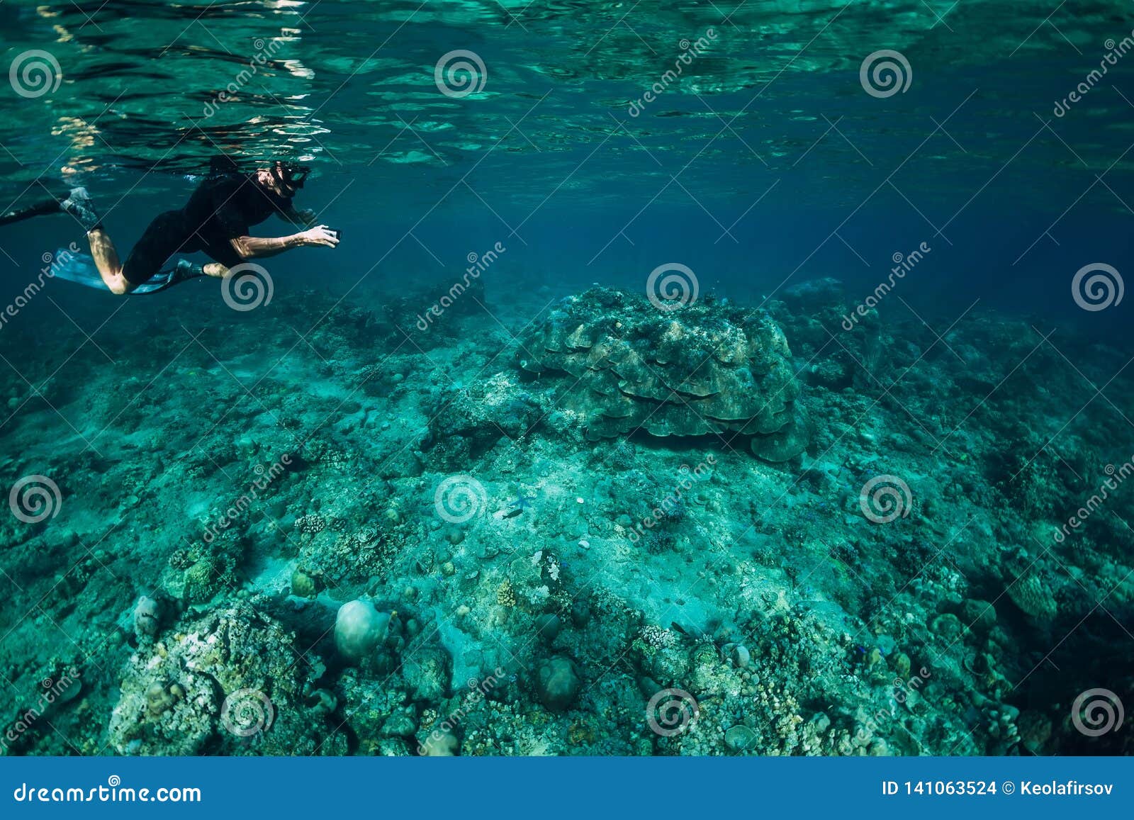 Freediver Man Explore Sea Life in Ocean, Underwater Stock Photo - Image ...