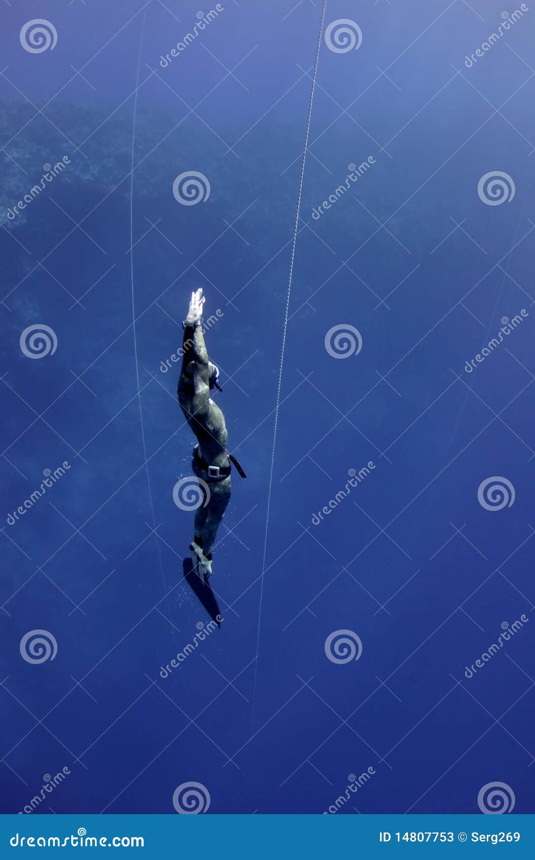 Freediver Man Dive Underwater At Shipwreck In Bali. Stock Photo ...