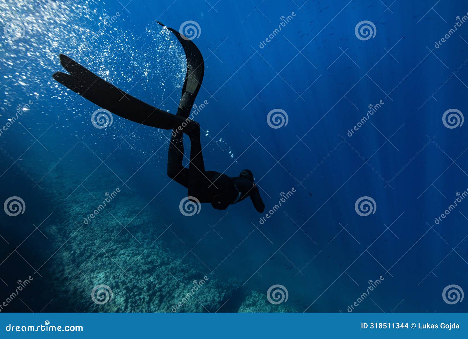 Freediver Swimming in Deep Sea with Sunrays Stock Photo - Image of ...