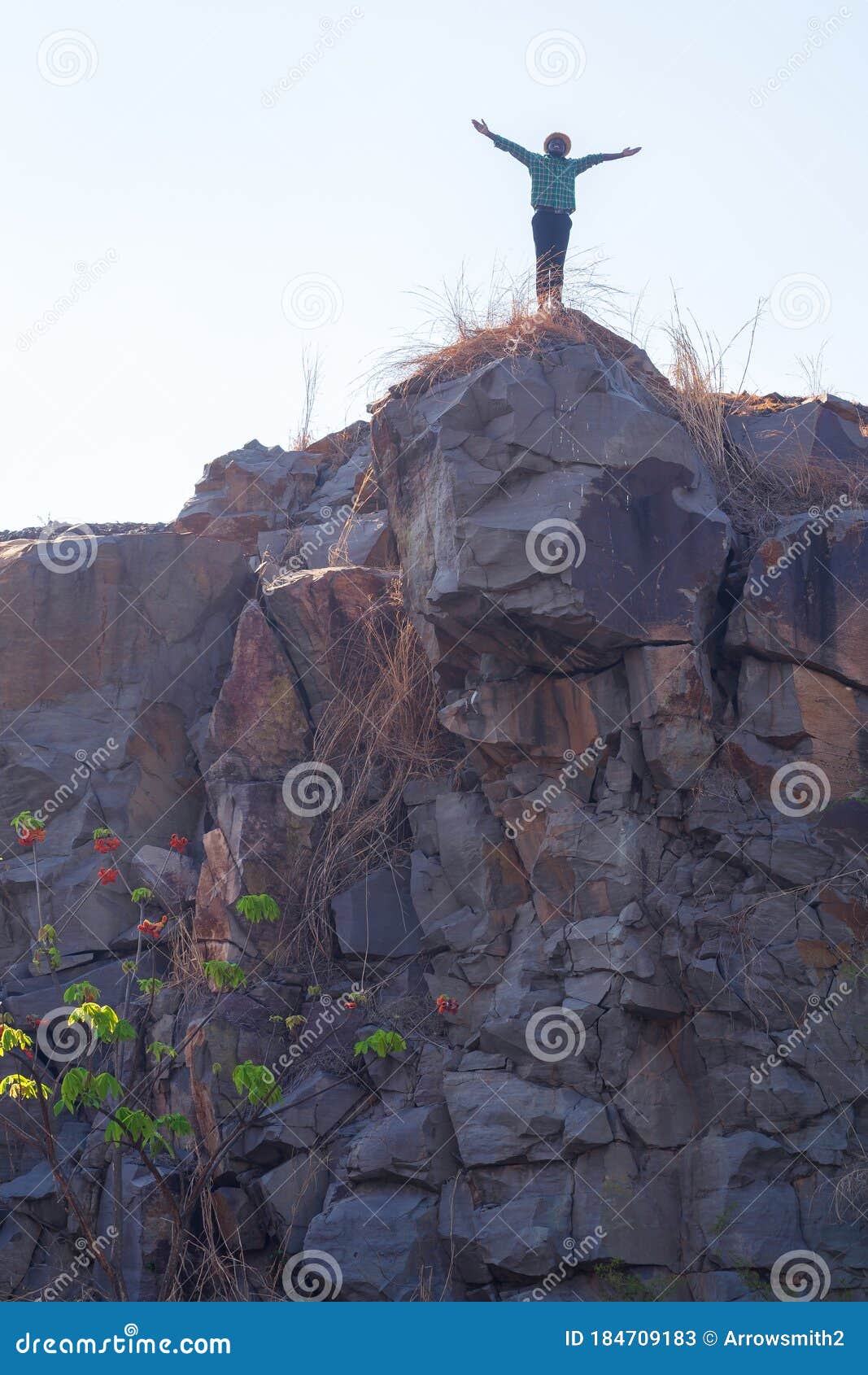 Freedom African Man on Top of Mountain Stock Image - Image of rock ...