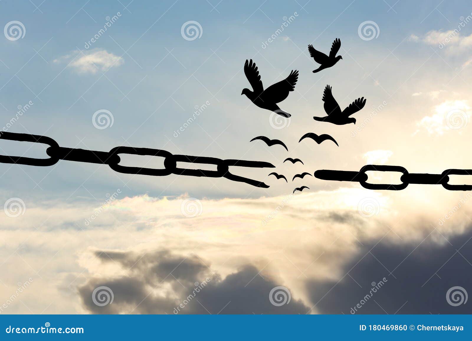 Freedom Concept. Silhouettes of Broken Chain and Birds Flying in Sky ... Freedom Concept. Silhouettes of Broken Chain and Birds Flying in Sky ...