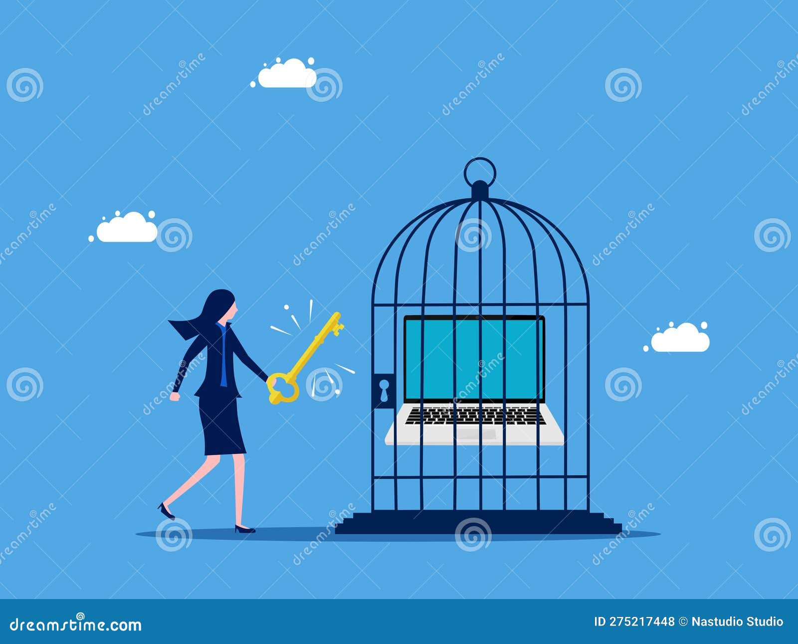 IT Freedom Control And Unlocking. Man Unlocks Laptop In Cage Cartoon ... IT Freedom Control And Unlocking. Man Unlocks Laptop In Cage Cartoon ...