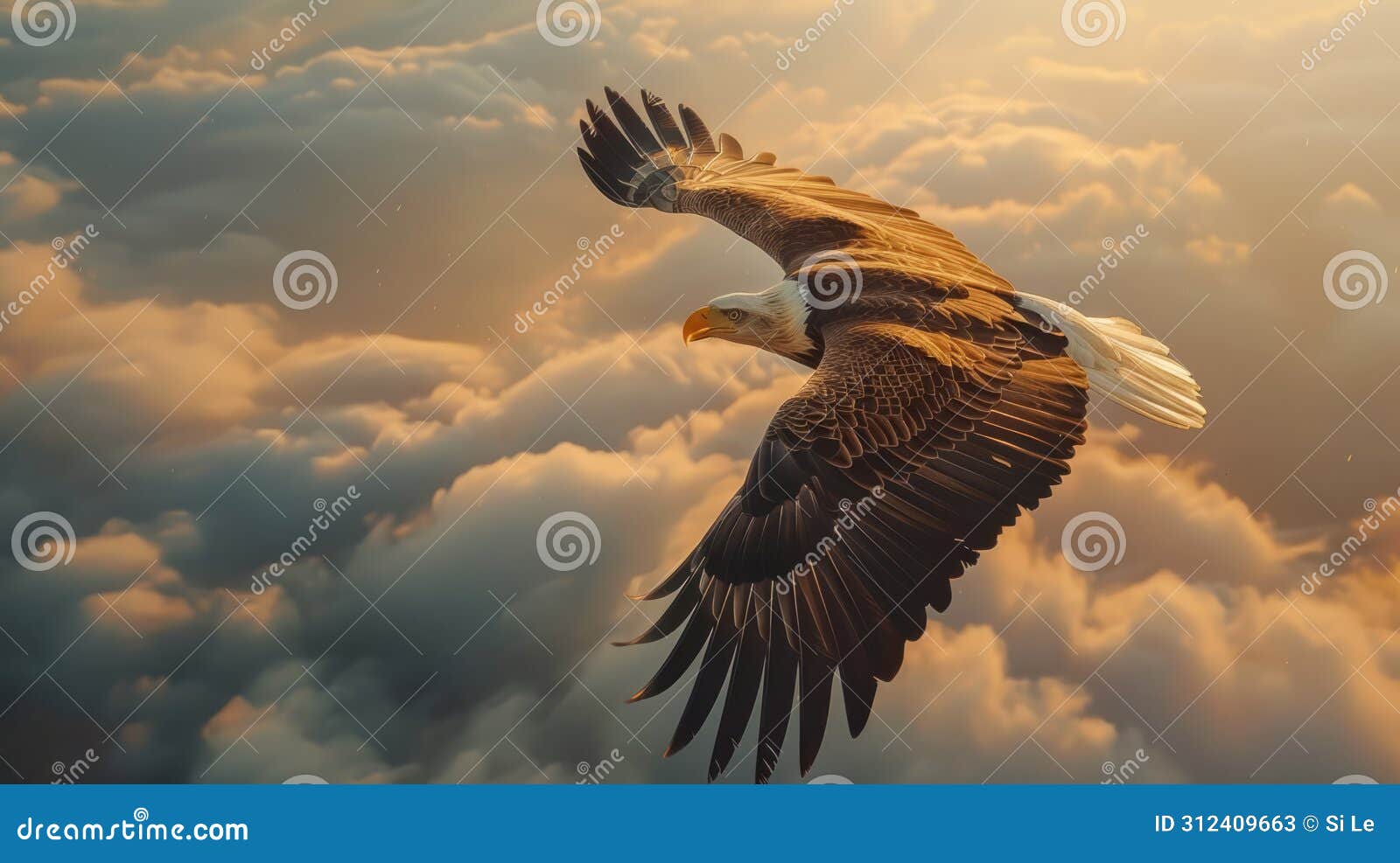 Freedom in Flight: American Eagle Soaring Above Clouds with Flag Stock ...