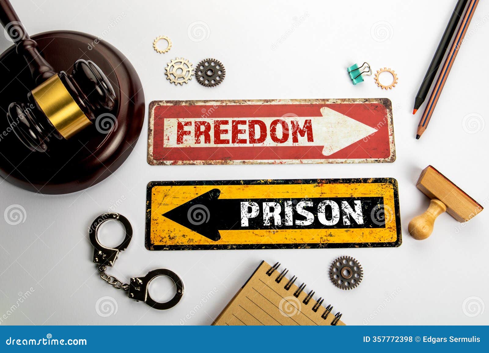 FREEDOM and PRISON. Red and Yellow Directional Arrow with Text Stock ...