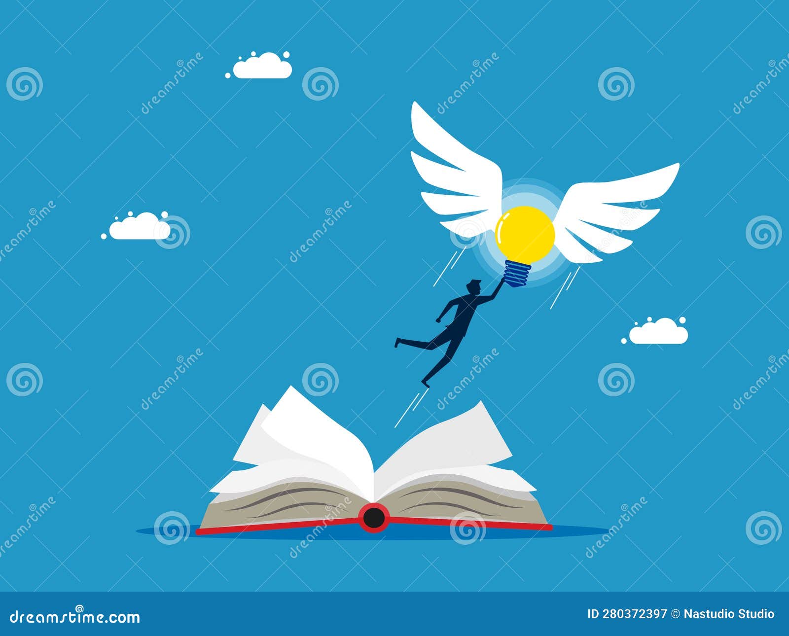 Freedom To Learn and Imagine. Man Flying with a Light Bulb Flying Out ...