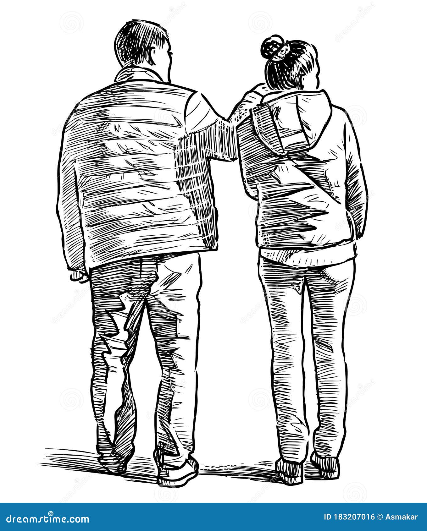 Freehand Drawing of Couple Citizens Standing and Looking Outdoors Stock ...