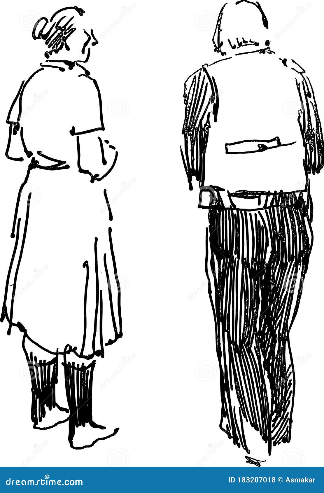 Freehand Drawing of Couple Old People Standidng and Talking Stock ...