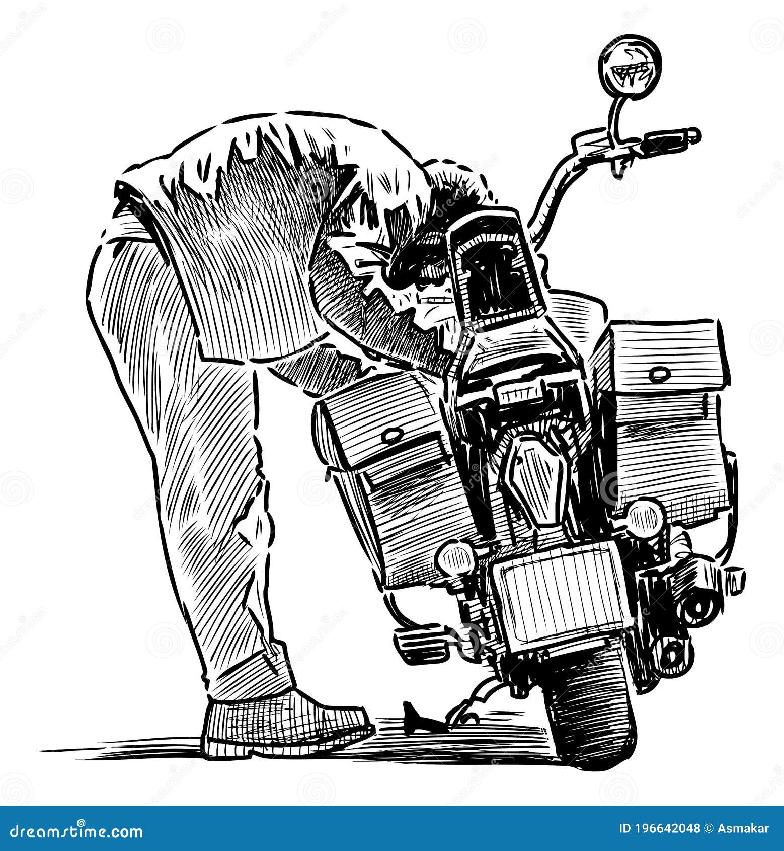 Freehand Drawing of a Man Leaning Over His Motorcycle Stock Vector ...