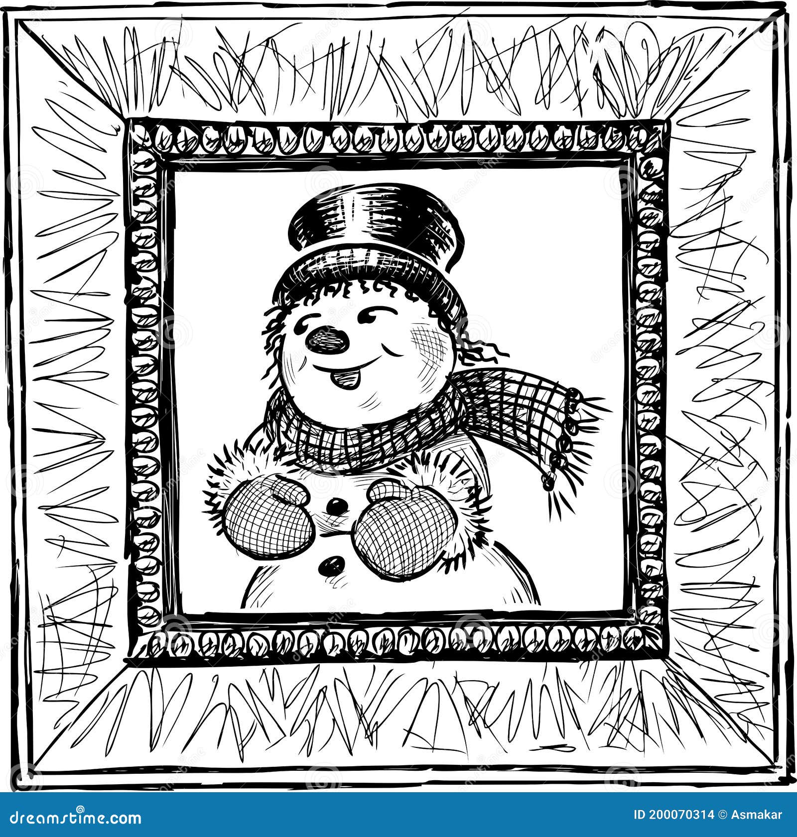 Freehand Drawing of Portrait Snowman in Decorative Picture Frame Stock ...