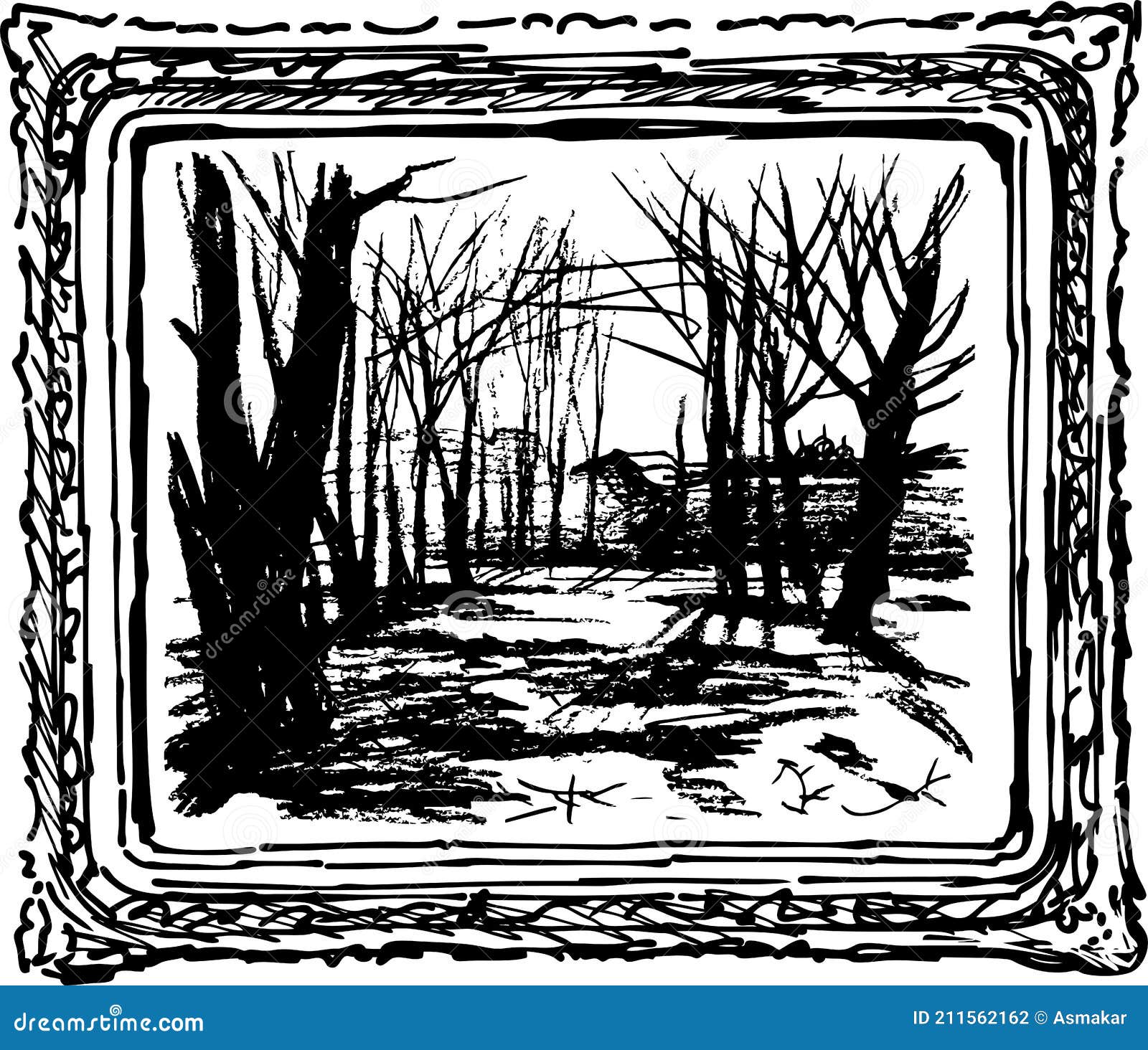 Freehand Drawing of Spring Forest Landscape in Decorative Frame Stock ...
