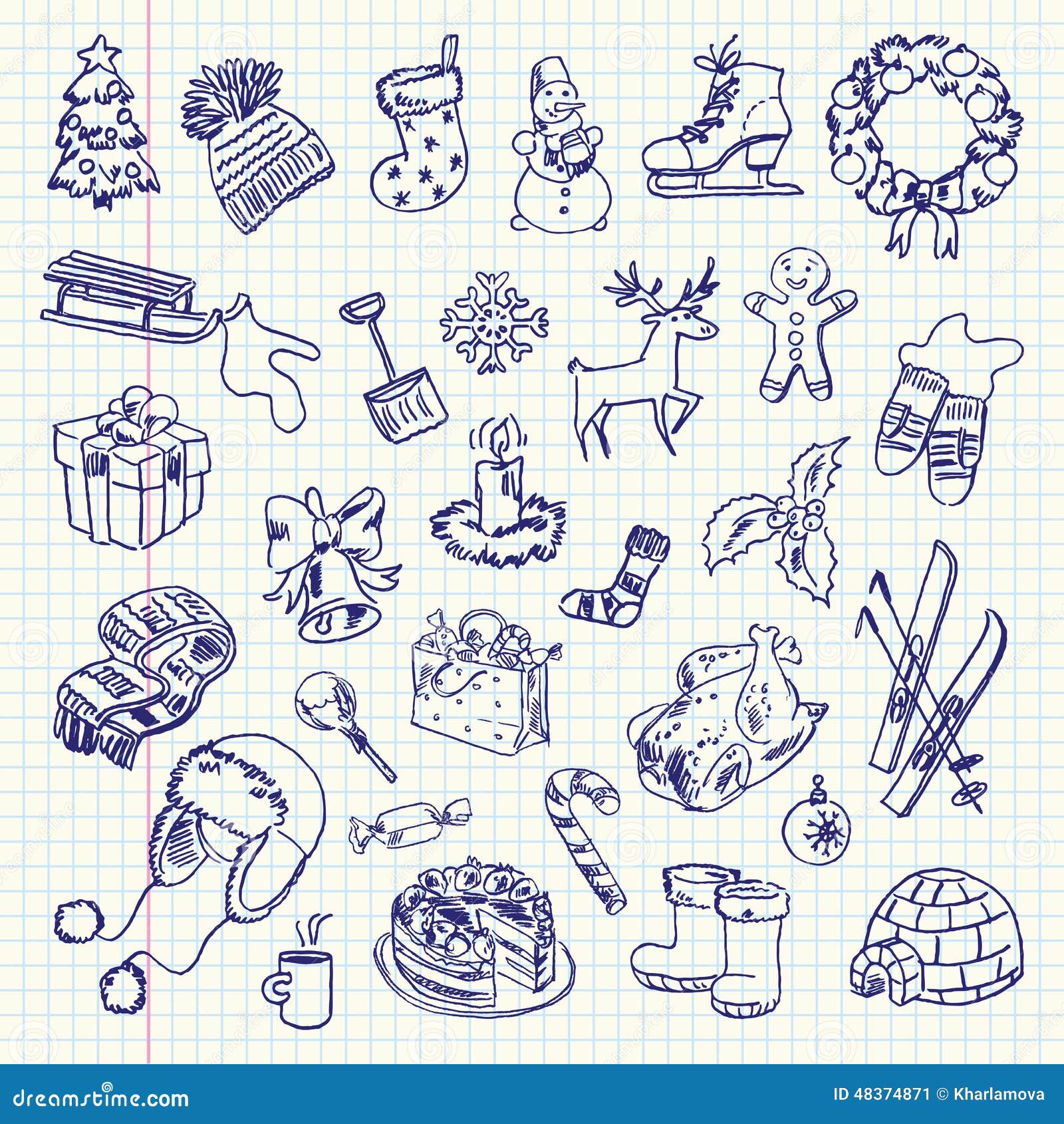 Freehand Drawing Winter Holiday Items Stock Vector - Illustration of ...