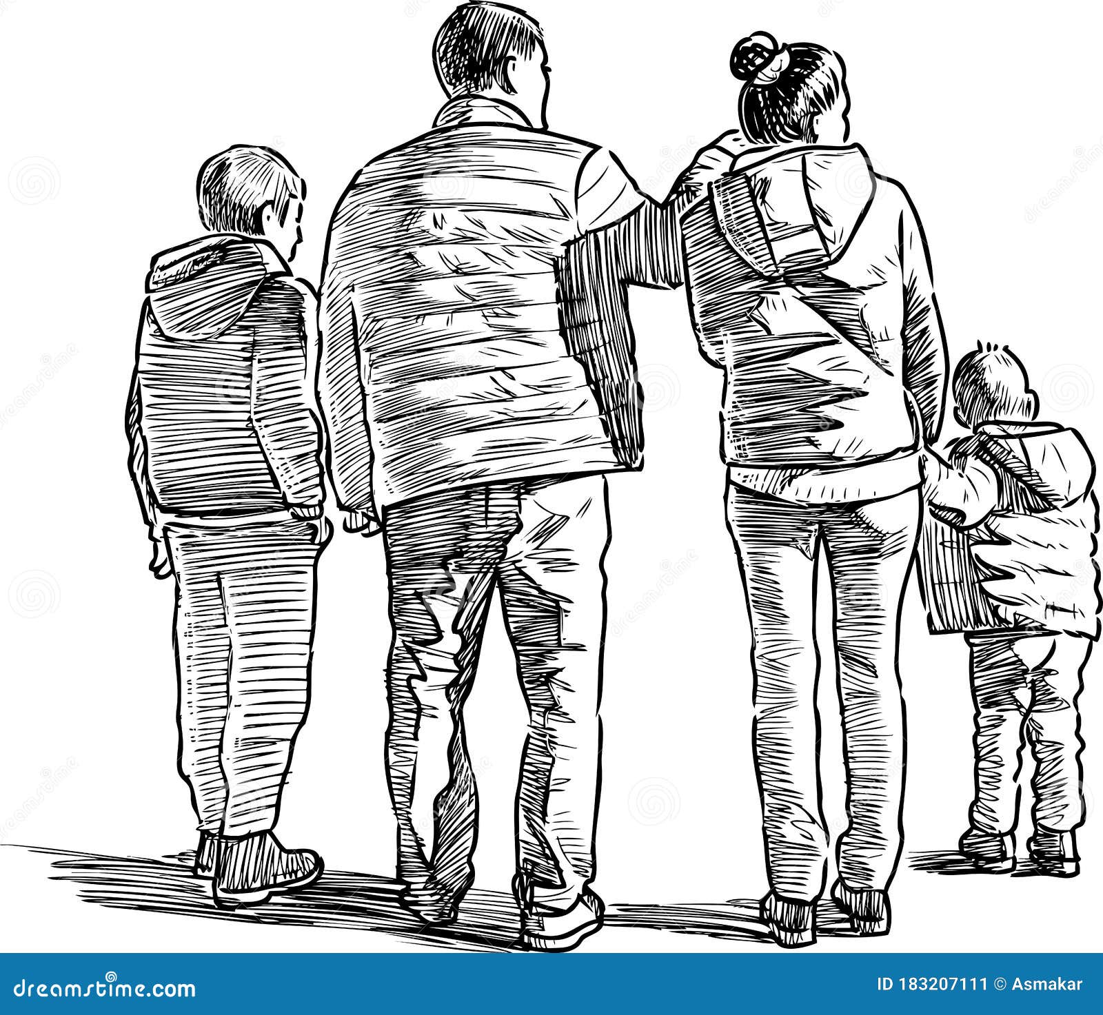 Freehand Drawing of Young Parents with Their Sons Standing and Looking ...